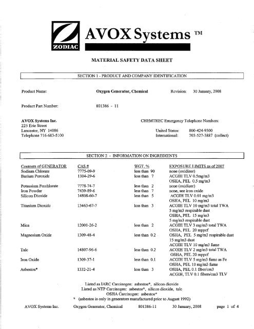 Oxygen Generator - Boeing A Type MSDS - AVOX Systems, Inc.