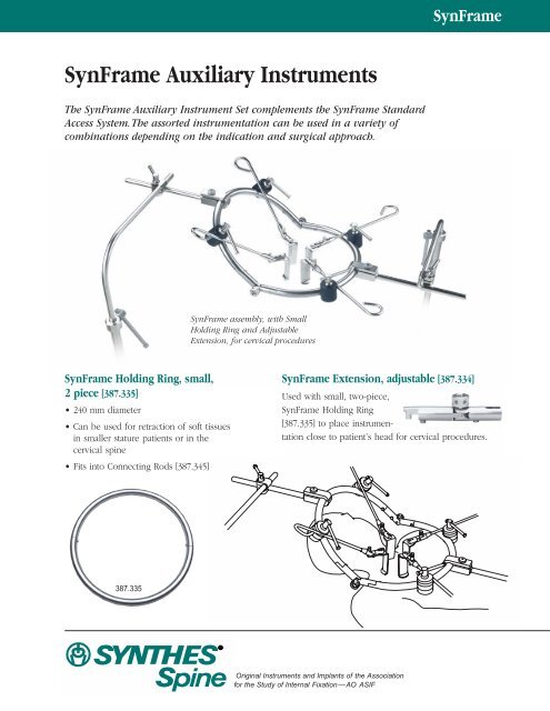 SynFrame Auxilary Instruments Product Information Sheet - Synthes