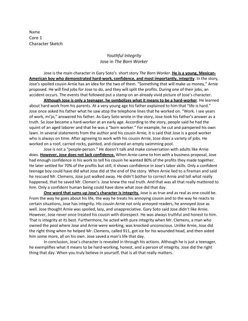 Core 1 Character Sketch Youthful Integrity Jose in The Born Worker