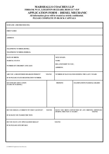 Diesel Mechanic Application Form