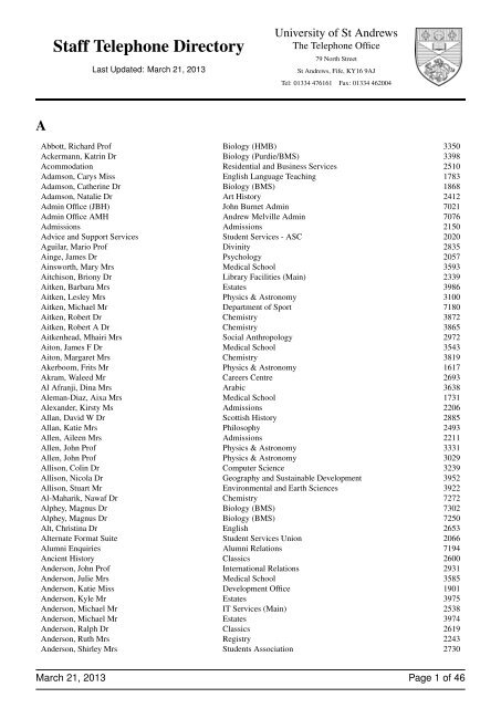 Staff Telephone Directory - University of St Andrews