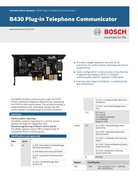 B430 Plug-in Telephone Communicator - Bosch
