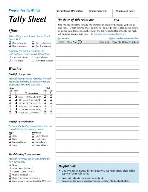 Tally Sheet - Cornell Lab of Ornithology