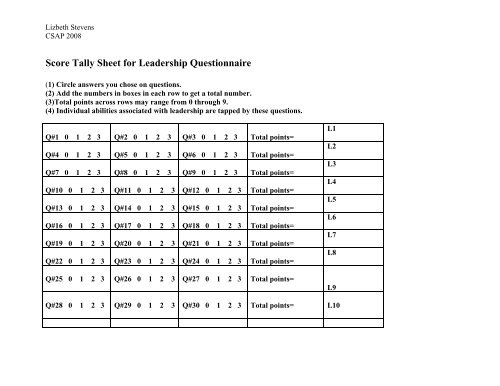 Score Tally Sheet for Leadership Questionnaire - CSAP