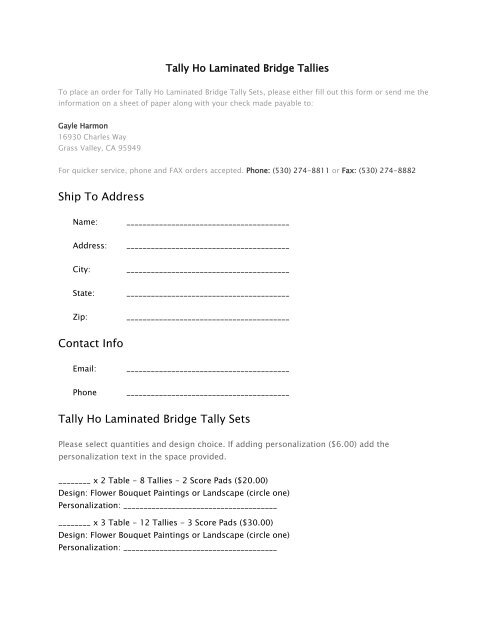 Form - Tally Ho Laminated Bridge Tallies
