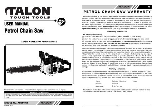 USER MANUAL Petrol Chain Saw - TALON TOOLS