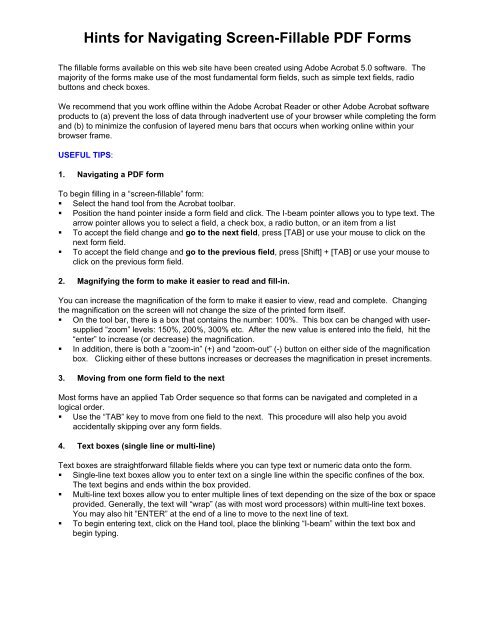 Hints for Navigating Screen-Fillable PDF Forms
