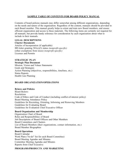 SAMPLE TABLE OF CONTENTS FOR BOARD POLICY MANUAL