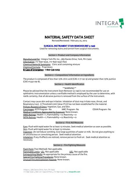 Surg Instrument Stain Remover MSDS - Integra Miltex