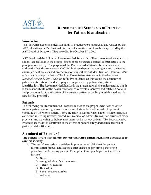 Recommended Standards of Practice for Patient Identification ...