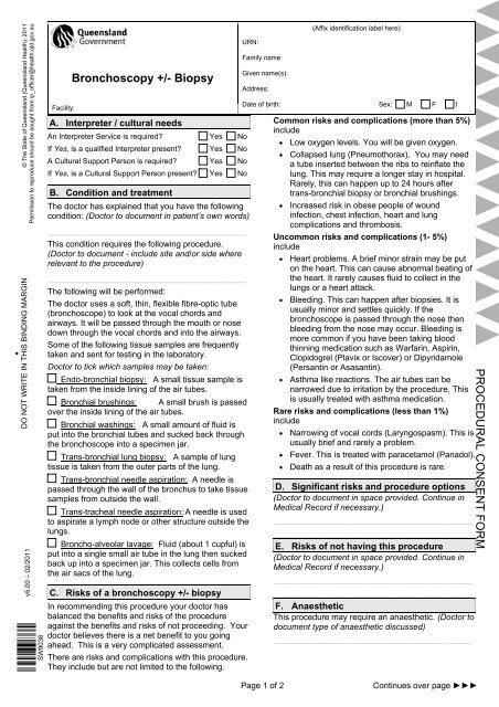 Bronchoscopy +/- Biopsy PROCEDURAL CONSENT FORM