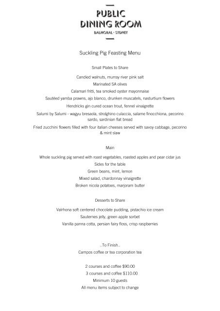 Suckling Pig Feasting Menu - Public Dining Room