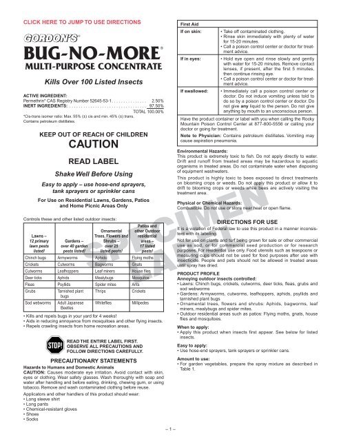 Bug-No-More Concentrate Specimen Label - PBI/Gordon
