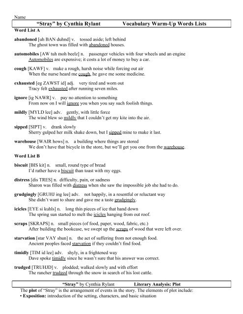 “Stray” by Cynthia Rylant Vocabulary Warm-Up - Beatrice Public ...