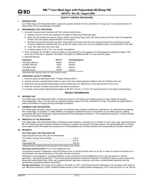 BBL Corn Meal Agar with Polysorbate 80 (Deep Fill) - BD