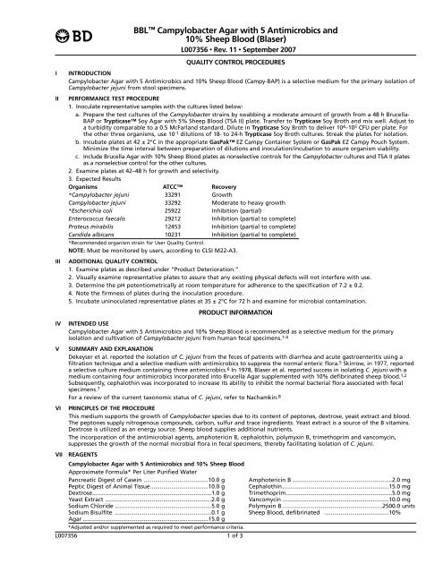 BBL™ Campylobacter Agar with 5 Antimicrobics and 10 ... - BD