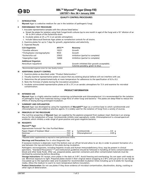 BBL Mycosel Agar (Deep Fill) - BD
