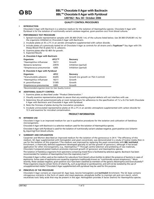 BBL Chocolate II Agar with Bacitracin BBL Chocolate II Agar ... - BD