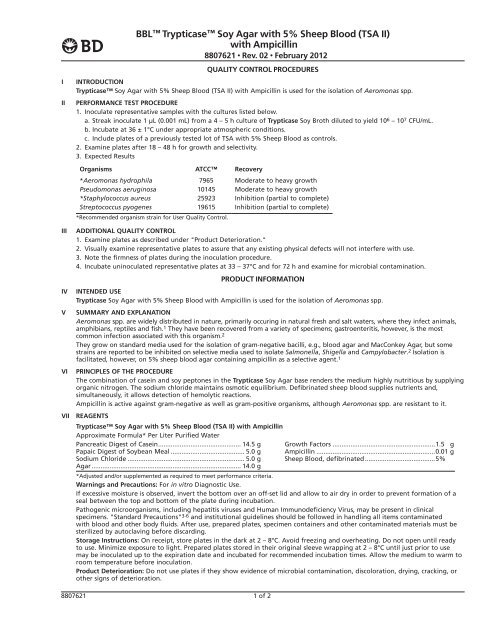 BBL™ Trypticase™ Soy Agar with 5% Sheep Blood (TSA II ... - BD