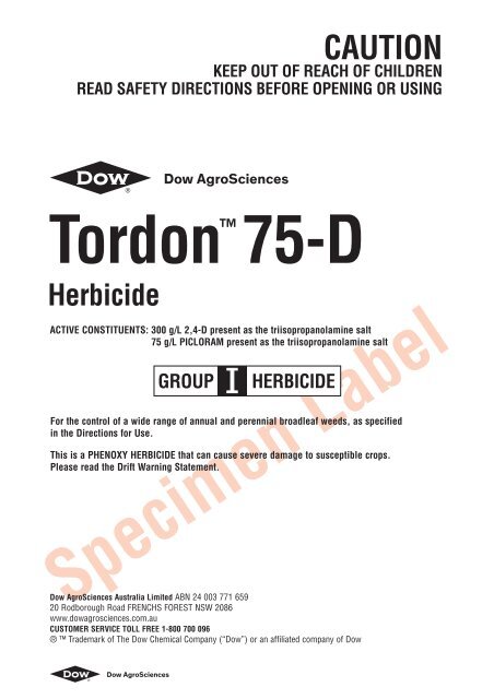 Tordon 75-D Herbicide label - The Dow Chemical Company
