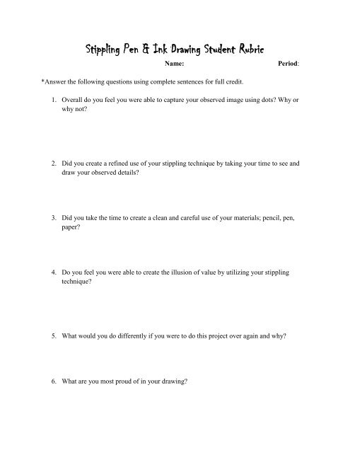 Stippling Pen & Ink Drawing Student Rubric Stippling Pen & Ink Drawing Student Rubric