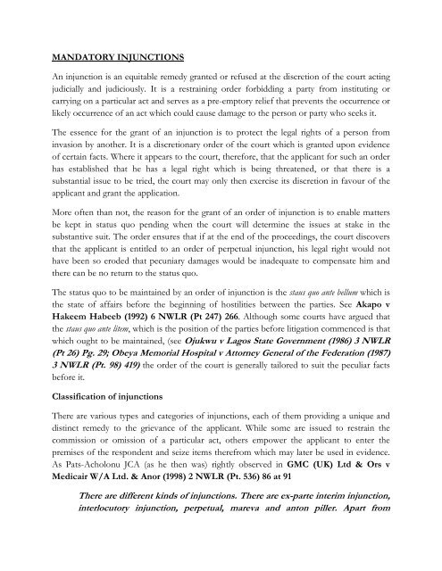 Notes on Mandatory Injunction - Perchstone & Graeys