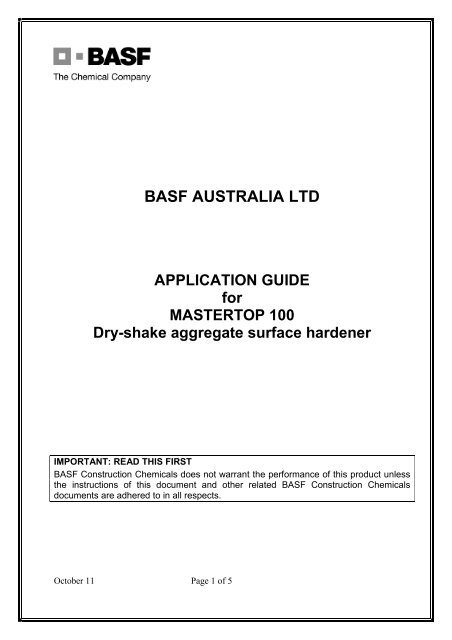 MASTERTOP 100 Application Guide - BASF Construction ...