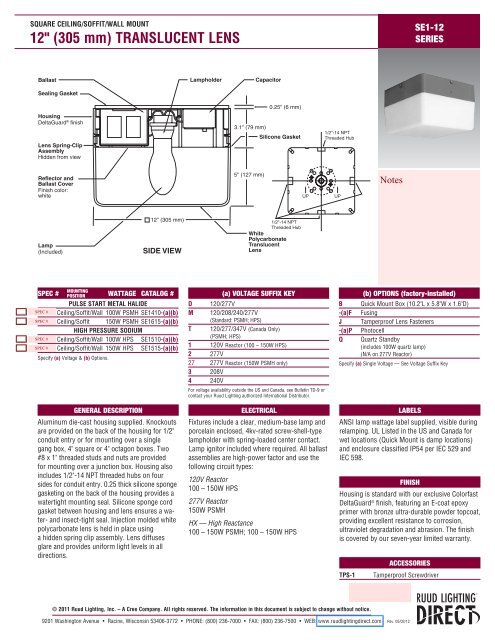 SE Series Square Translucent Lens Specification Sheet