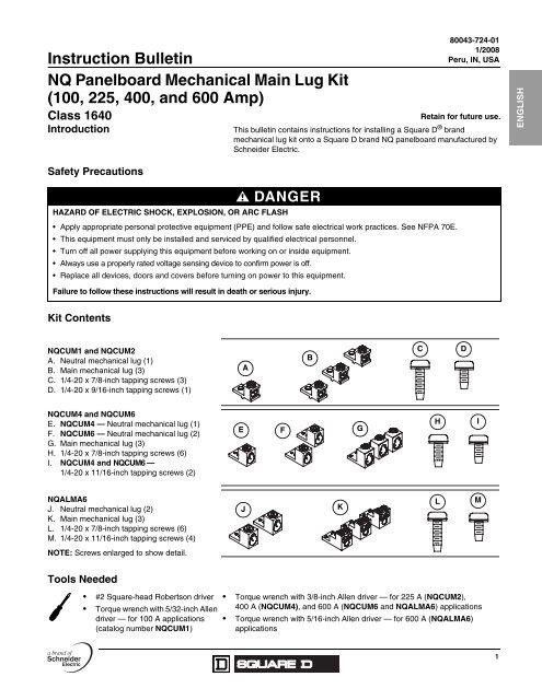 NQ Panelboard Mechanical Main Lug Kit (100 ... - Schneider Electric