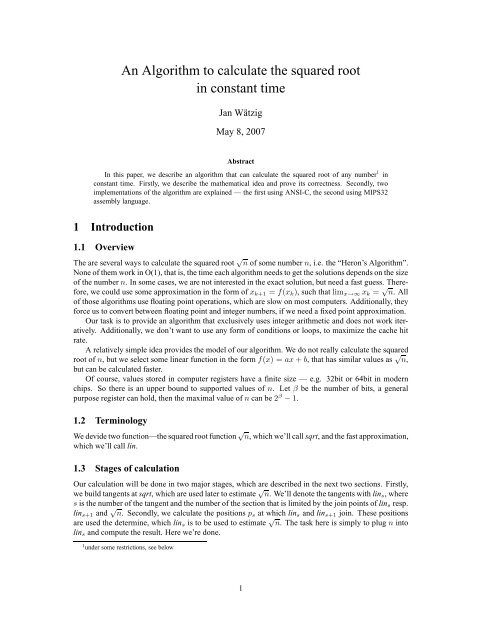 An Algorithm to calculate the squared root in constant time