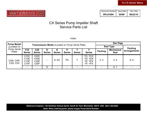 CX Series Pump Impeller Shaft Service Parts List - Waterous