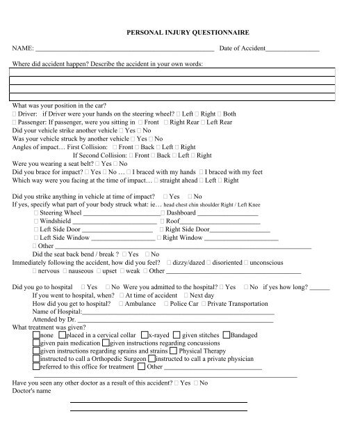 PERSONAL INJURY QUESTIONNAIRE - Kinetic Spine & Sports
