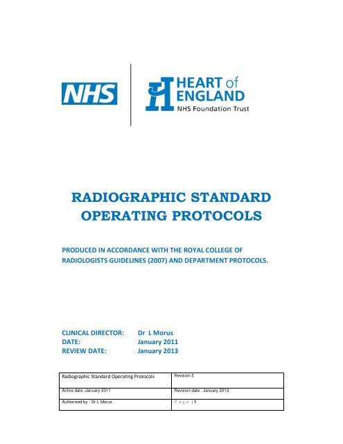 RADIOGRAPHIC STANDARD OPERATING PROTOCOLS - Radiology RADIOGRAPHIC STANDARD OPERATING PROTOCOLS - Radiology