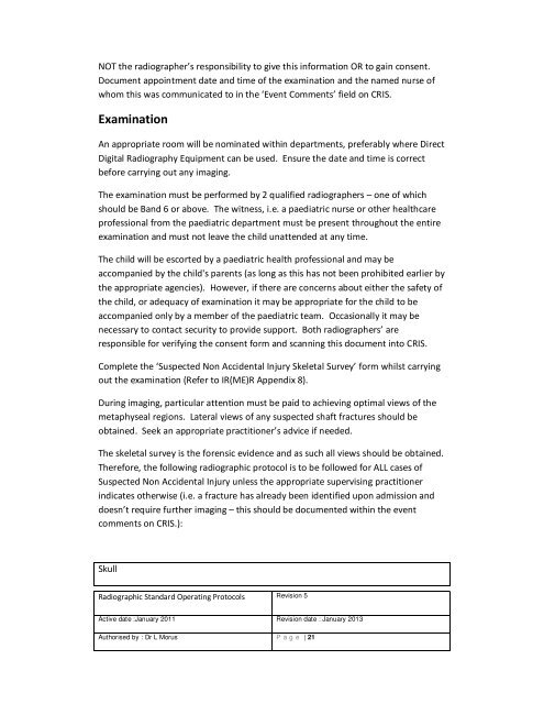 PROTOCOL FOR RADIOLOGY IN
