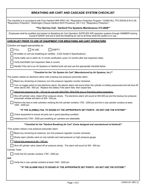 breathing air cart and cascade system checklist - CHPRC - Plateau ...