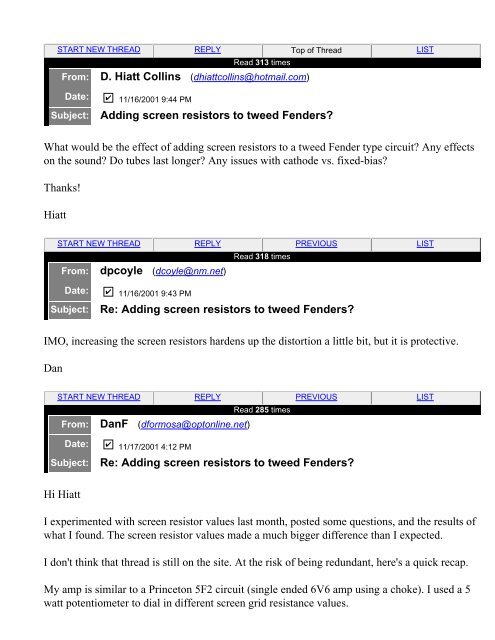 Subject: Adding screen resistors to tweed Fenders ... - The Blue Guitar