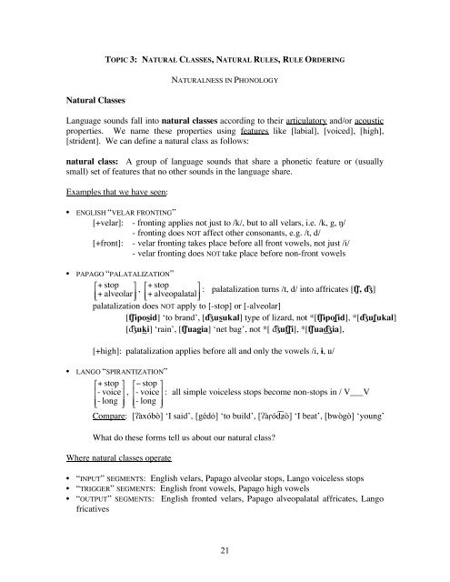 21 Natural Classes Language sounds fall into natural classes ...
