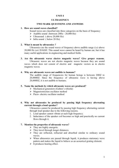 UNIT-I ULTRASONICS TWO MARK QUESTIONS AND ANSWERS 1 ...