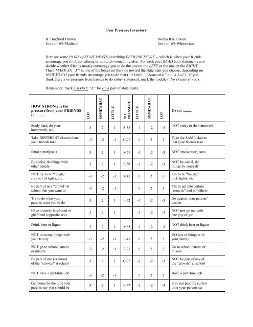 Peer Pressure Inventory - the Peer Relations Study Group