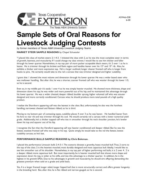 Sample Sets Of Oral Reasons For Livestock Judging Contests
