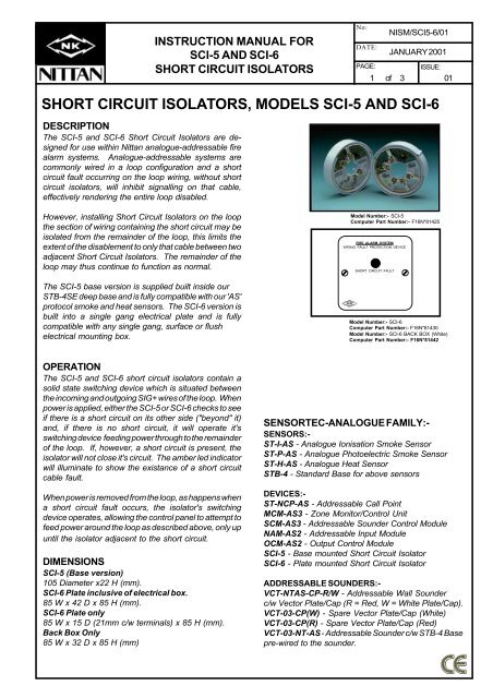 SHORT CIRCUIT ISOLATORS, MODELS SCI-5 AND SCI-6 - Nittan