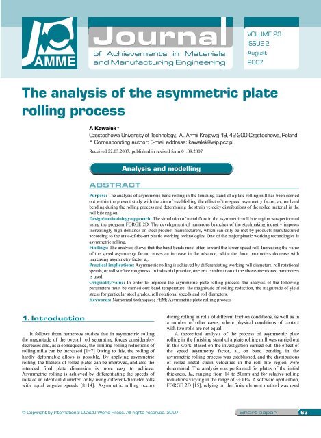The analysis of the asymmetric plate rolling process