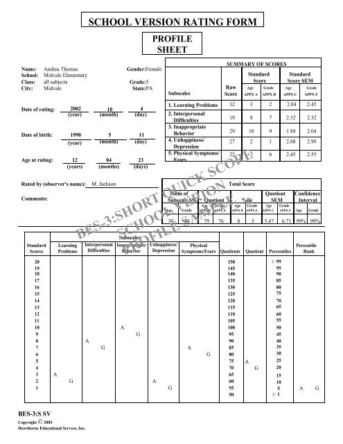 BES-3:SHORT QUICK SCORE SCHOOL VERION PROFILE SAMPLE