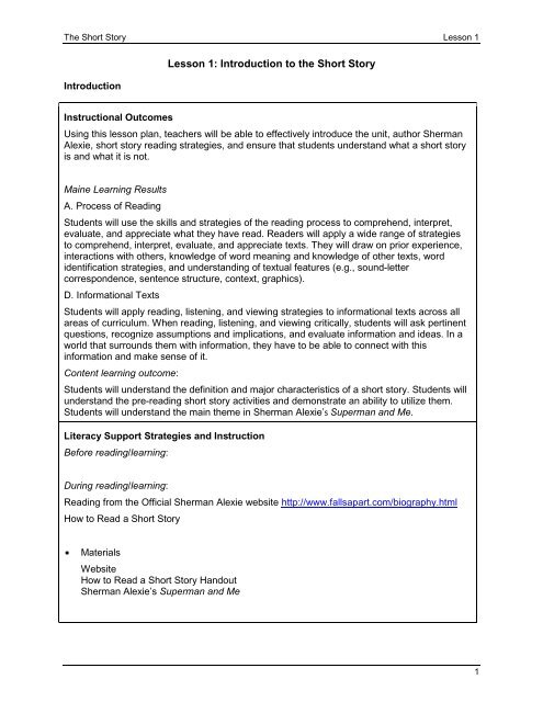 Introduction to the Short Story Unit - Maine Content Literacy Project