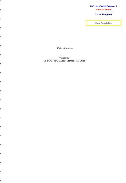 ENGLISH EXTENSION 2 — Short Story