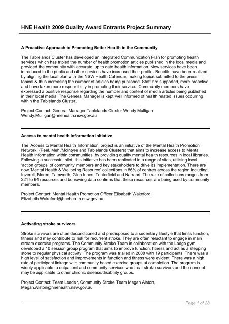 HNE Health 2009 Quality Award Entrants Project Summary