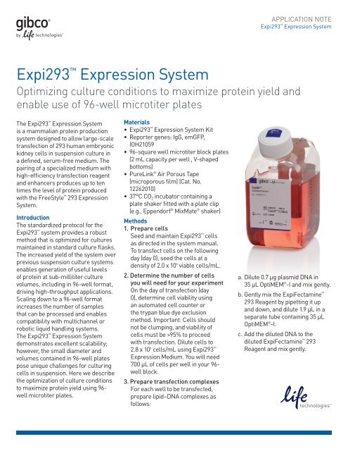 Expi293™ Expression System—Optimizing culture ... - Invitrogen