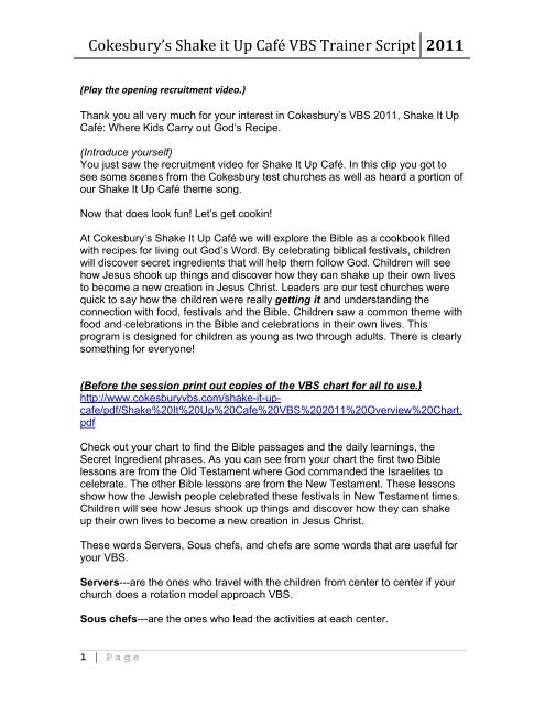 Cokesbury's Shake it Up Café VBS Trainer Script 2011