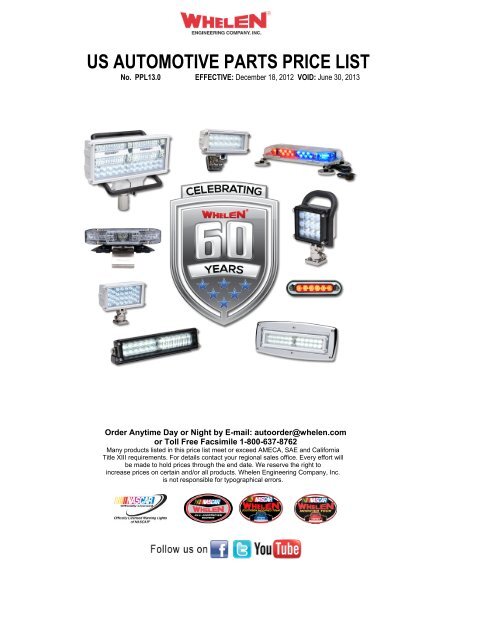 US AUTOMOTIVE PARTS PRICE LIST - Whelen Engineering