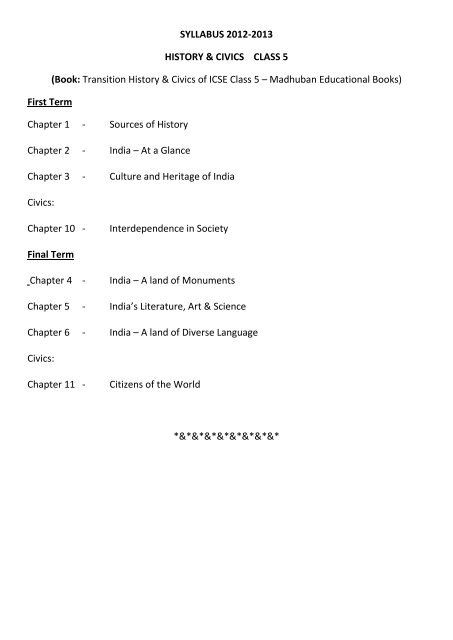 SYLLABUS 2012-2013 HISTORY & CIVICS CLASS 5 (Book ...